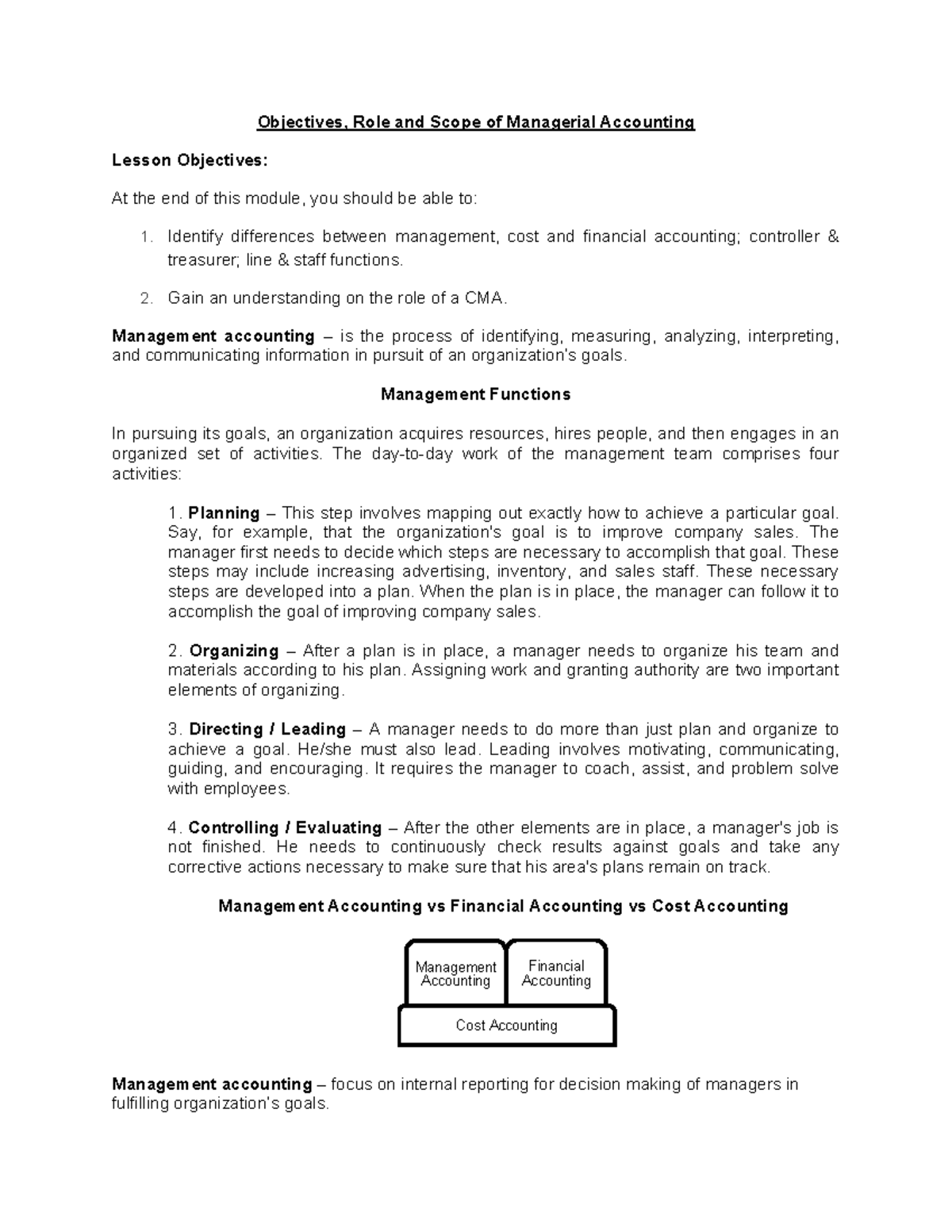 MAC 302 Lesson: Objectives and Scope of Managerial Accounting - Studocu