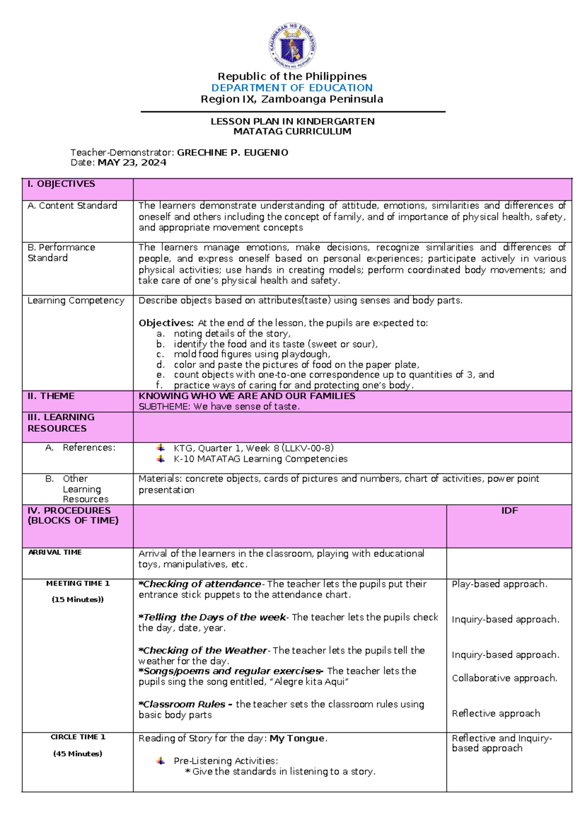 KINDERGARTEN LESSON PLAN: TASTE & FAMILY (KTG Q1 W8) - Studocu