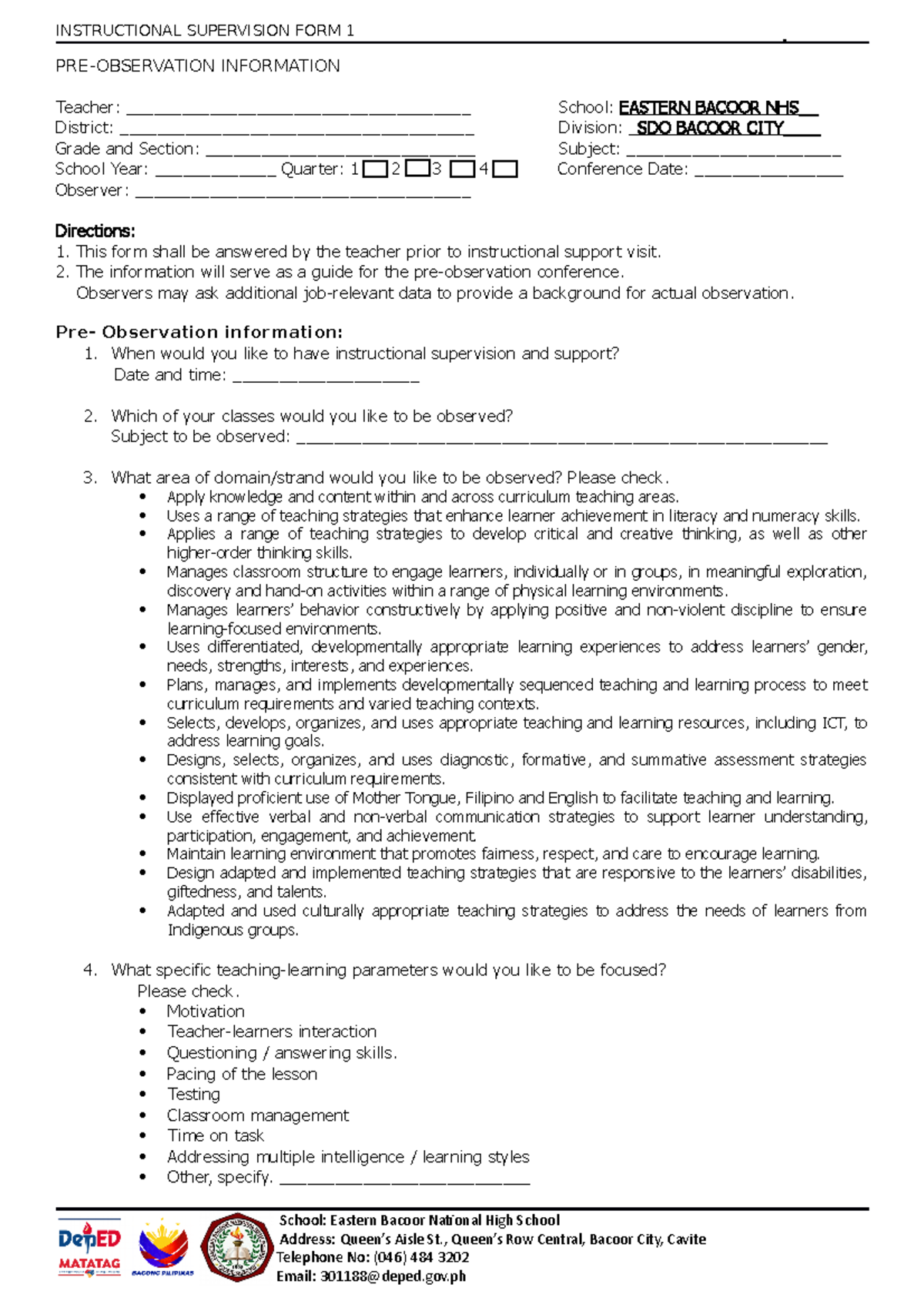 IS form1 pre-observation - INSTRUCTIONAL SUPERVISION FORM 1 PRE ...