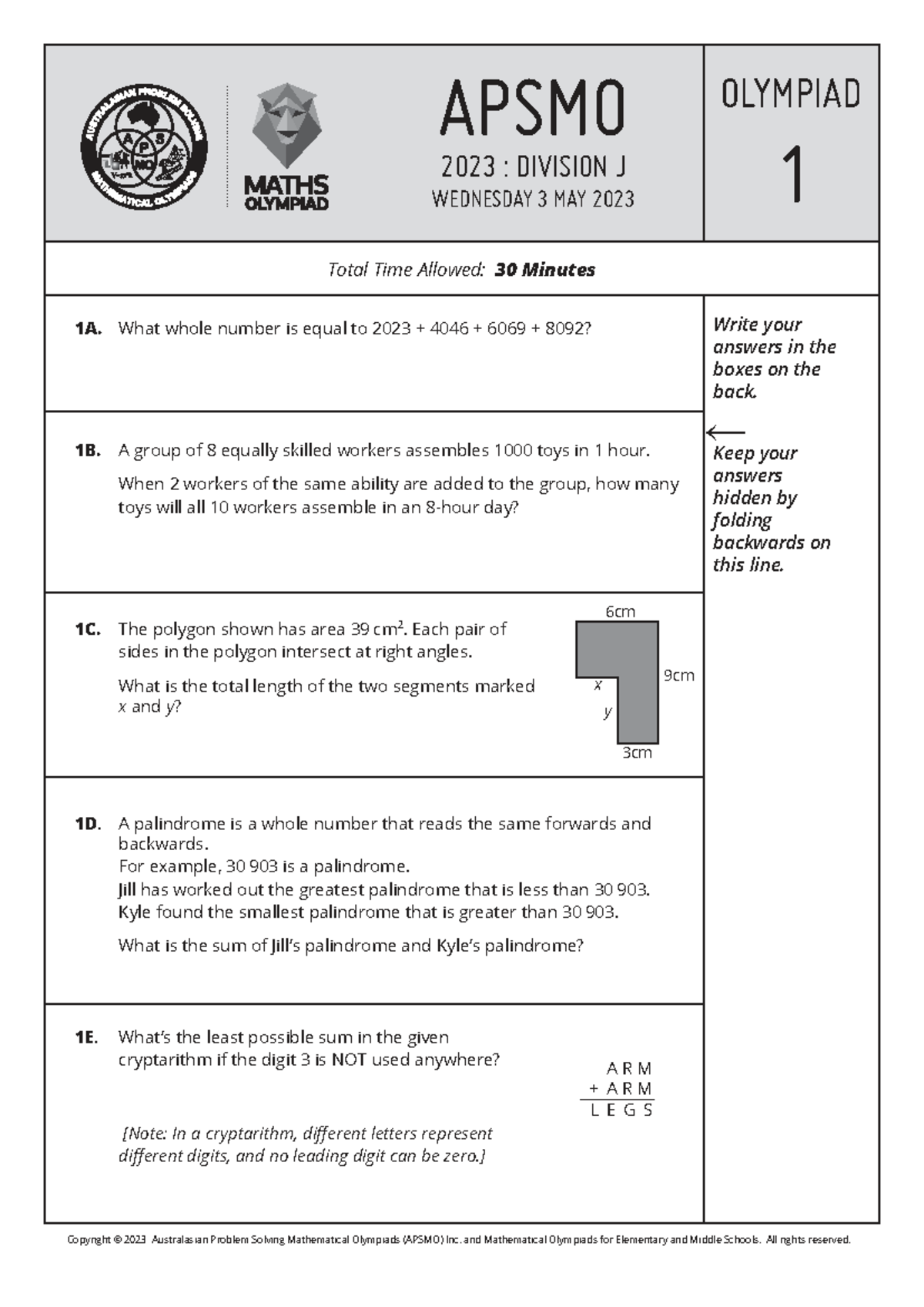 APSMO 2023: Division J Olympiad 1 - Final Exam Solutions - Studocu