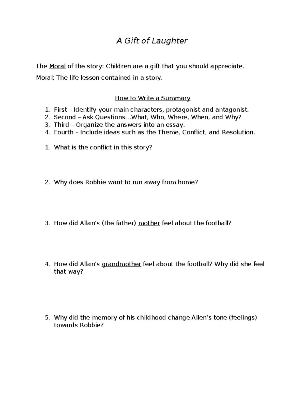 9SSAT A Gift of Laughter worksheet - A Gift of Laughter The Moral of ...