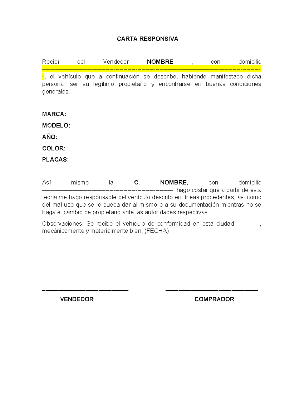 Carta Responsiva Vehicular - CARTA RESPONSIVA Recibí del Vendedor ...