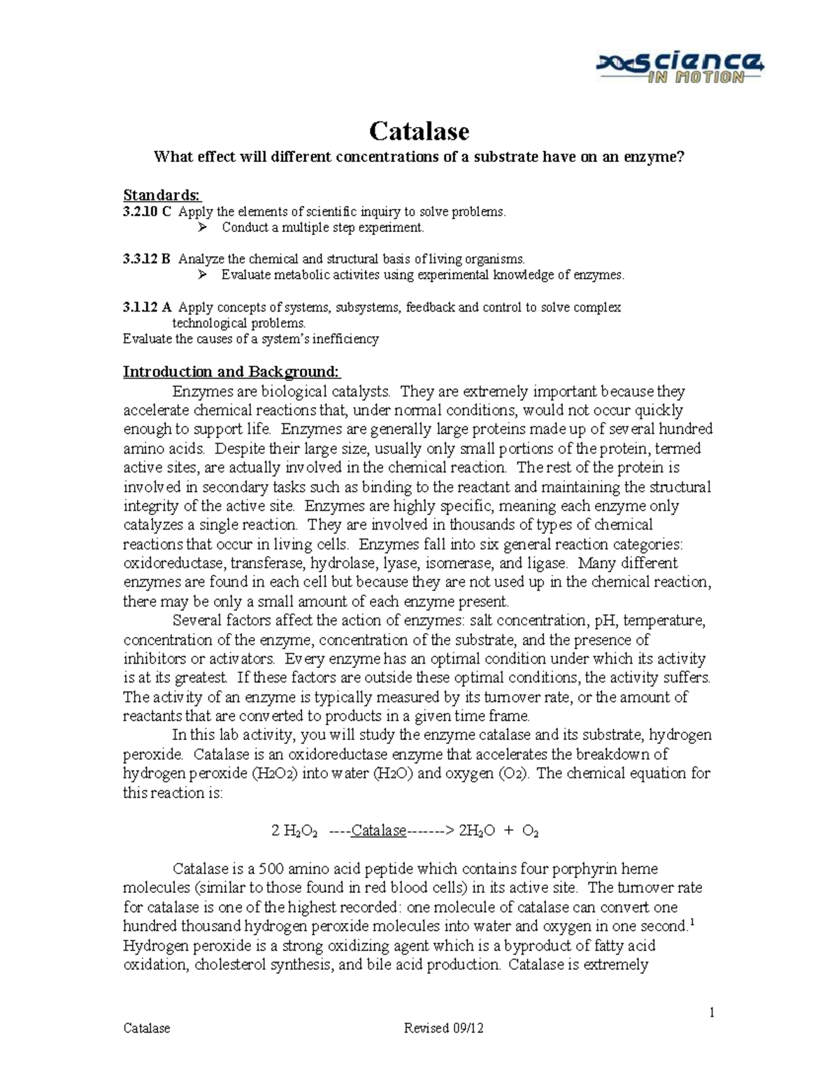 Catalase Lab: Effects of H2O2 Concentration on Enzyme Activity - Studocu