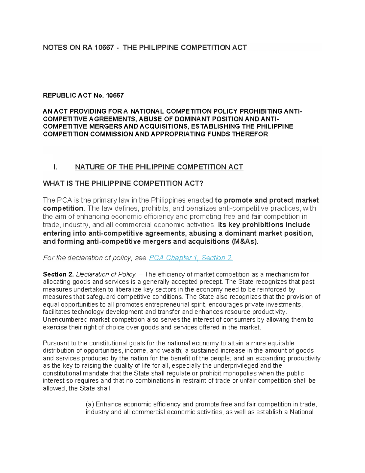 NOTES ON RA 10667: PHILIPPINE COMPETITION ACT OVERVIEW - Studocu