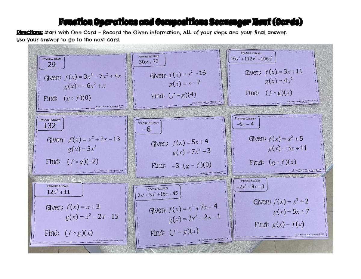 Function Operations and Compositions Scavenger Hunt (Cards) - Use your ...