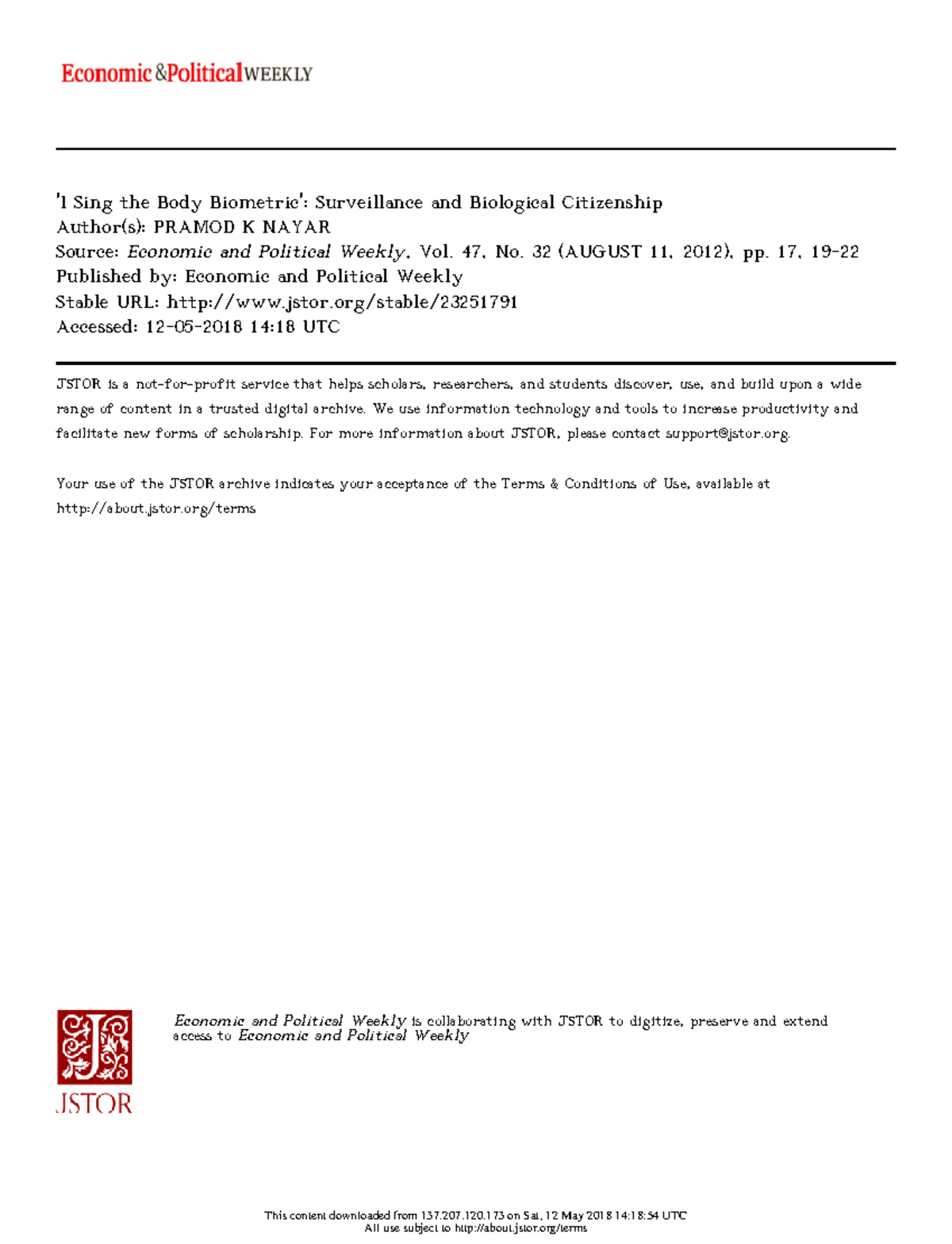 Body Biometric Surveillance and Biological Citizenship - EPW Commentary ...