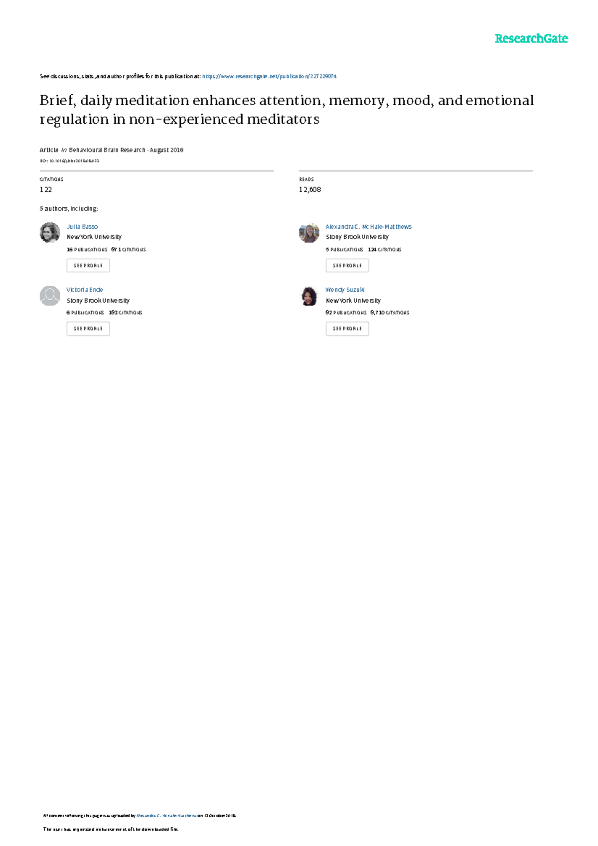 Brief Daily Meditation Enhances Cognitive Functioning: Basso et al ...