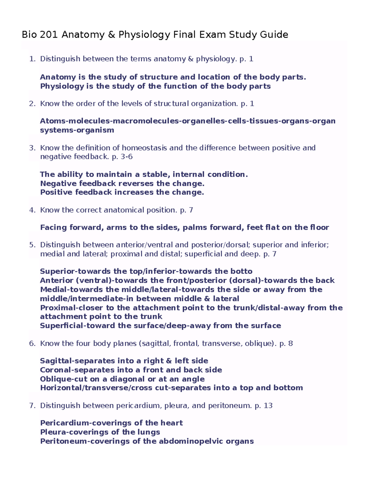 Bio 201 Anatomy & Physiology Final Exam Study Guide Notes - Studocu