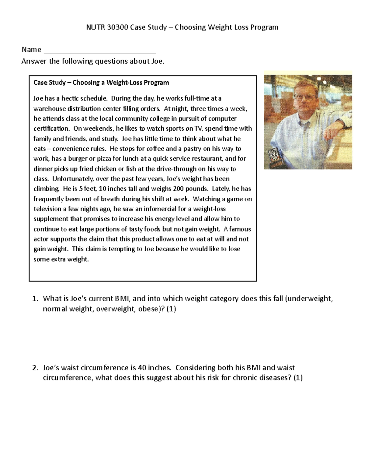 NUTR 30300 Case Study: Weight Loss Program Analysis for Joe - Studocu