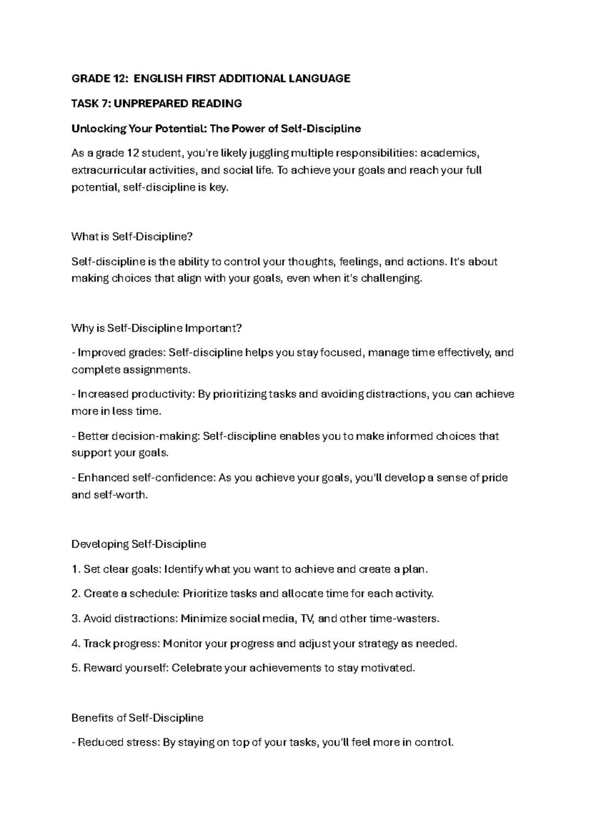GRADE 12: ENGLISH FIRST ADDITIONAL LANGUAGE TASK 7: UNPREPARED READING ...