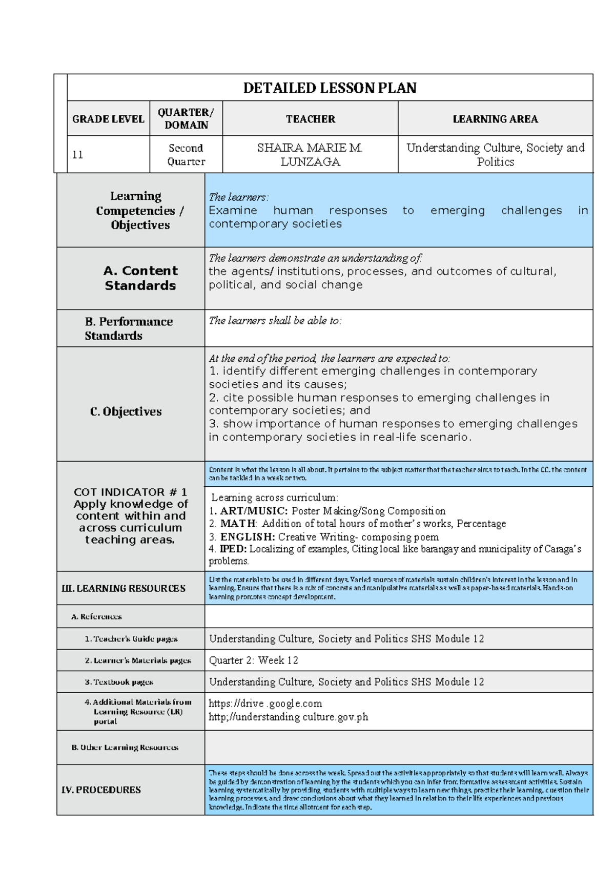 COT Lp UCSP - Detailed Lesson Plan on Human Responses to Challenges ...