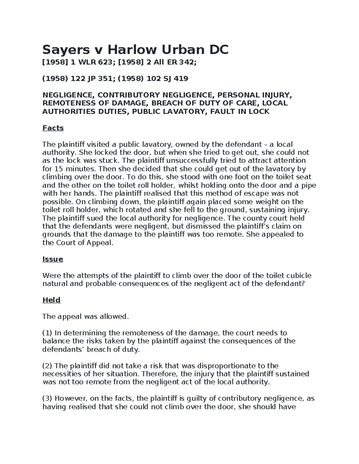 Sayers v Harlow UDC: Case Study on False Imprisonment (1958) - Studocu