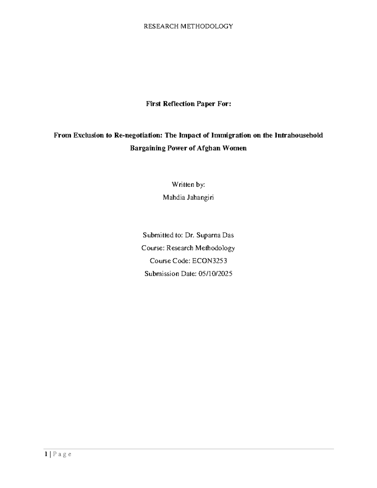 ECON3253 Research Methodology: Reflection on Afghan Women's Bargaining Power - Studocu