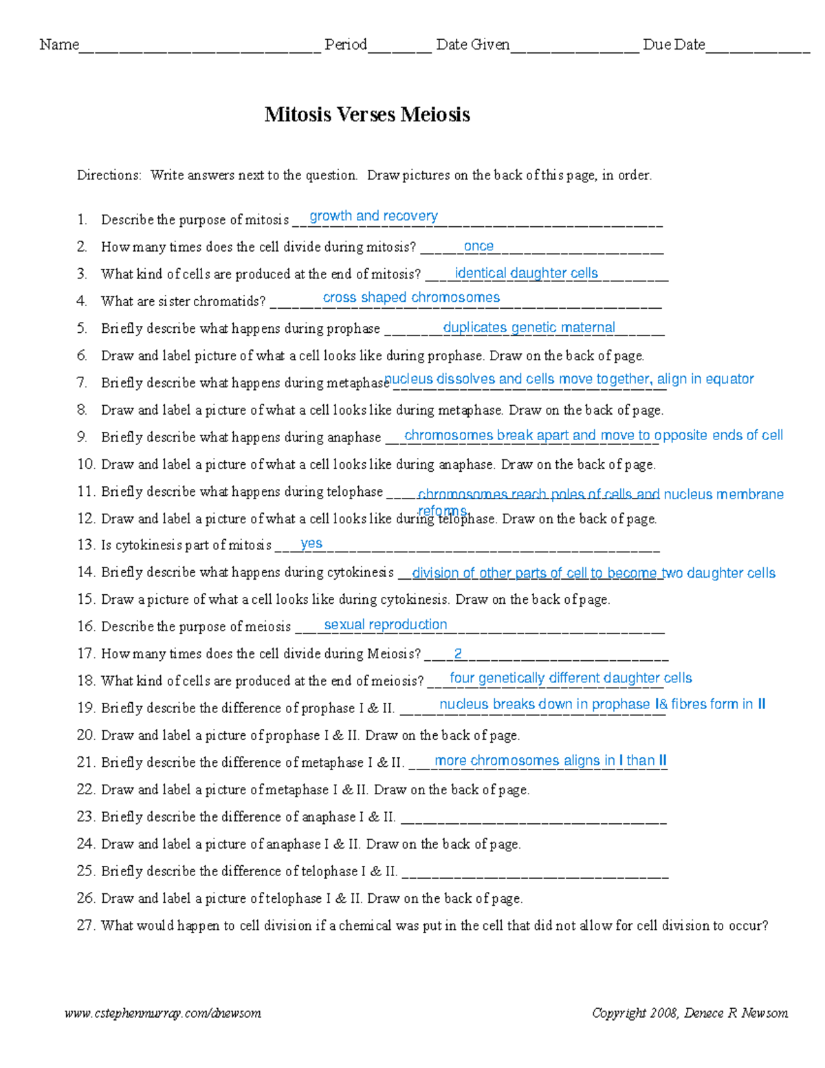 Mitosis vs Meiosis Worksheet: Key Concepts and Diagrams - Studocu
