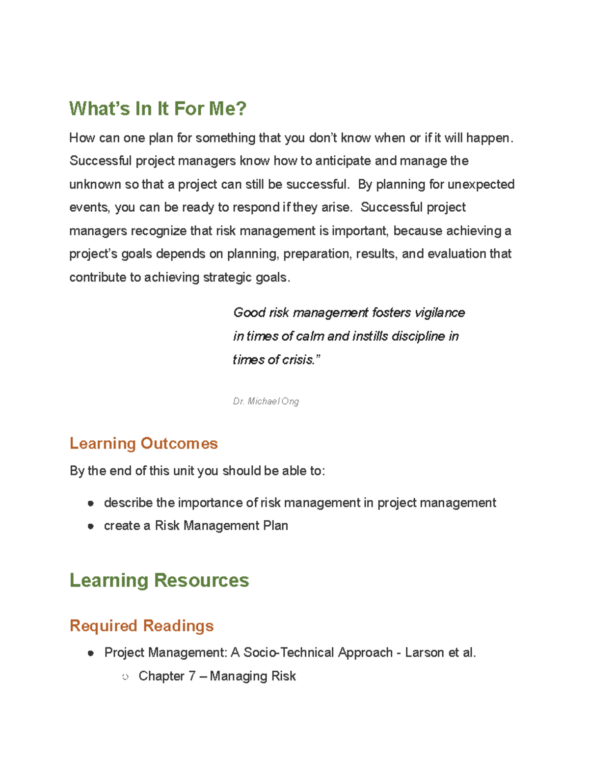 MGMT3300 Unit 6: Effective Risk Management in Project Planning - Studocu