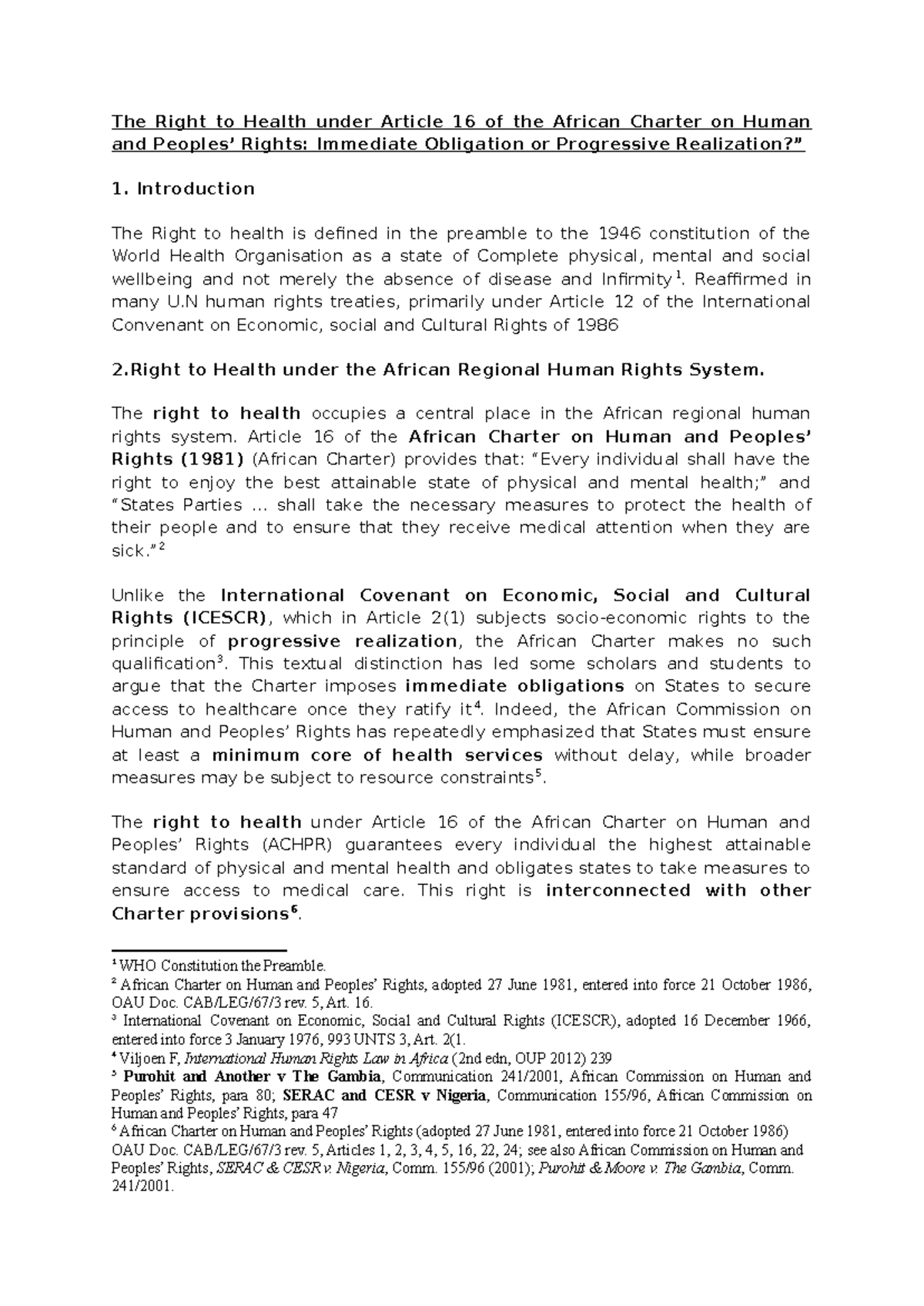 The Right to Health under Article 16 of the African Charter: Immediate ...