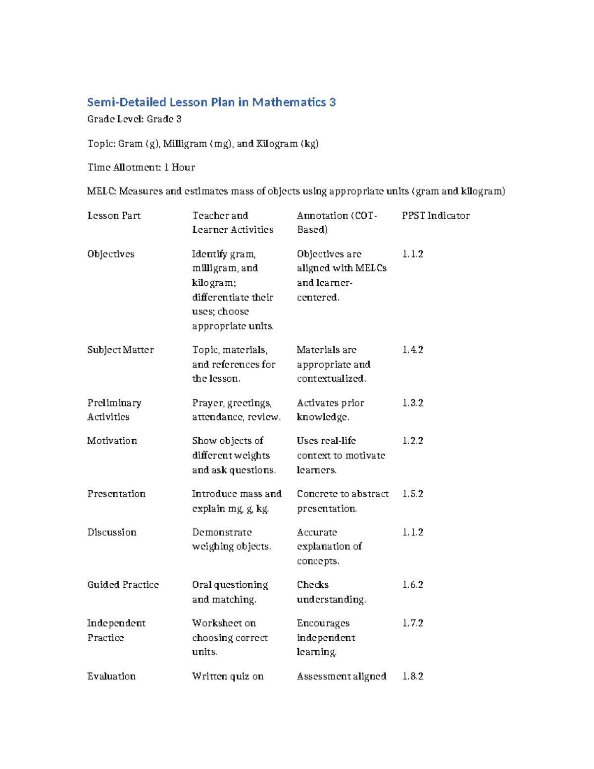 Grade 3 Math Lesson Plan: Understanding Gram, Milligram, and Kilogram ...
