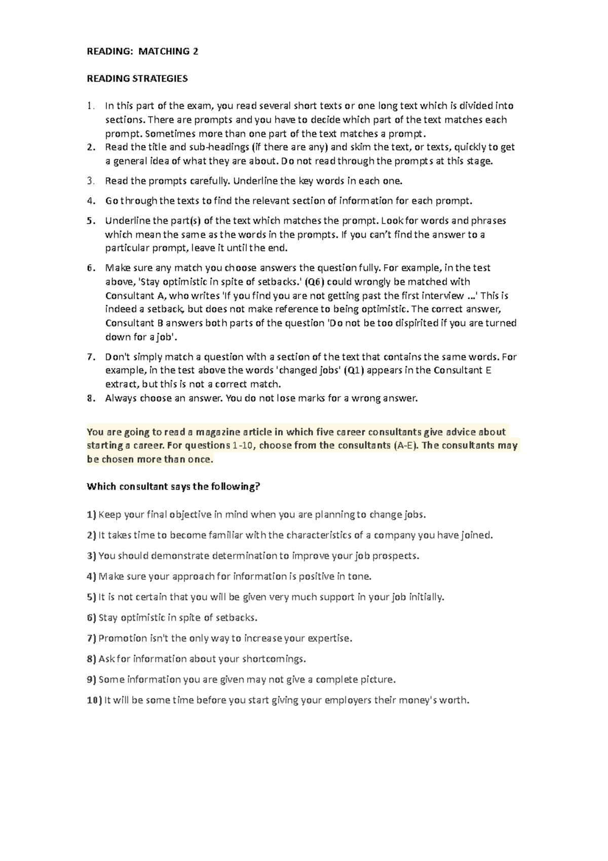 Reading Strategies for Matching Texts in Career Guidance - Studocu