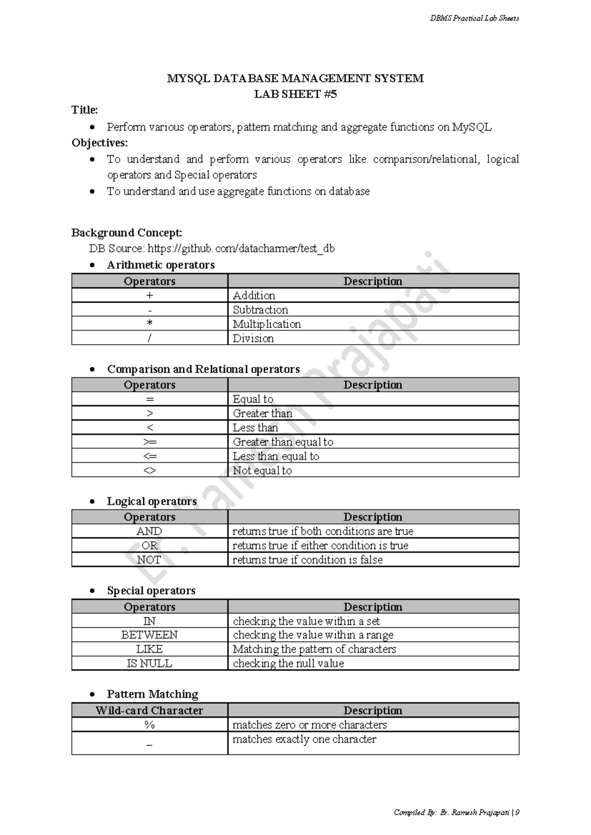 DBMS Lab Sheet 5: MySQL Operators & Aggregate Functions - Studocu