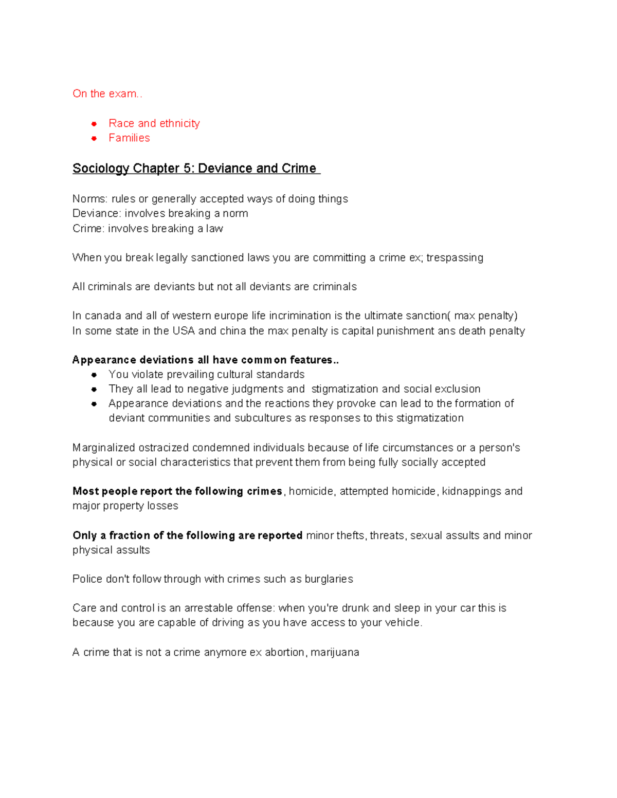 Sociology Chapter 5 Deviance and Crime - On the exam.. Race and ...