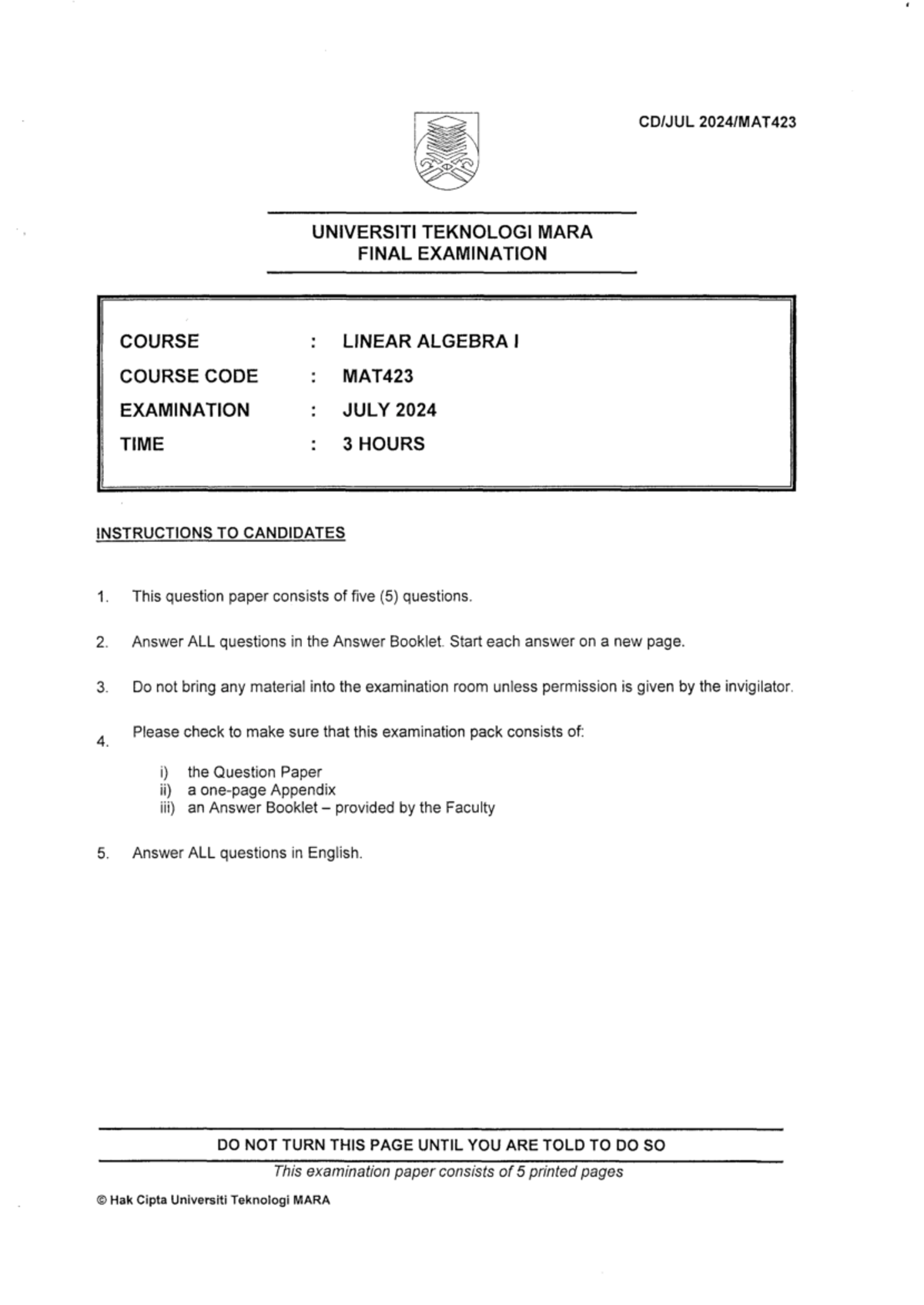 MAT423 - Final Examination Past Year Questions in Linear Algebra - Studocu