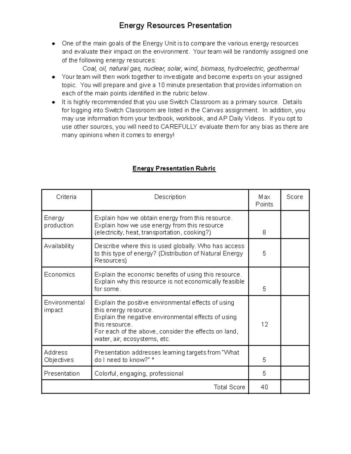 01 Energy Resources Presentation Guidelines & Evaluation Rubric - Studocu