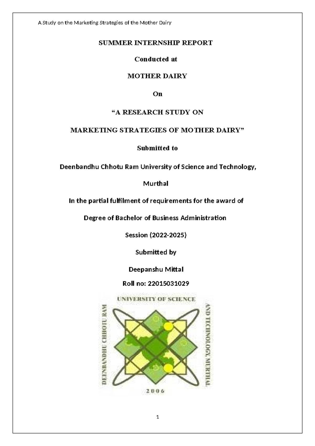 Internship Report: Marketing Strategies at Mother Dairy - BBA 2022-2025 ...