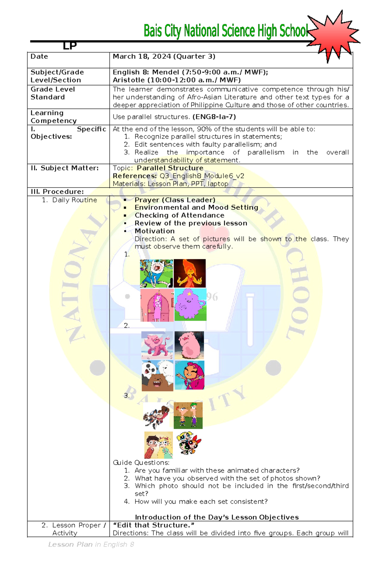 English 8 Lesson Plan: Parallel Structures (G8Q3) - Studocu