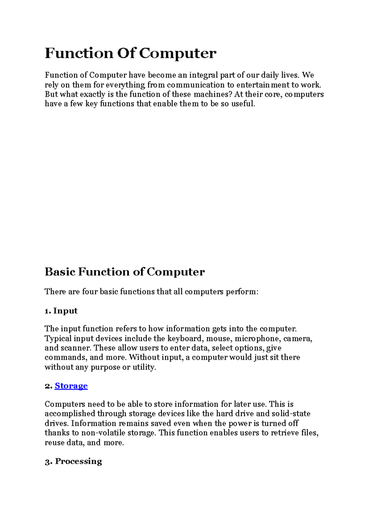 Functions of Computers: Understanding Input, Storage, Processing ...