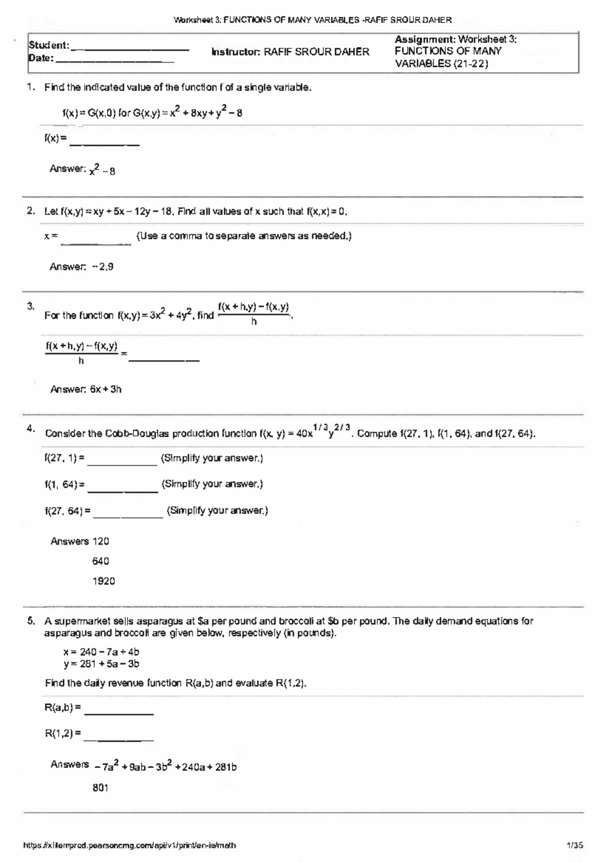Problem SET 3 Multivariable Functions - Worksheet 3 : FUNCTIONS OF MANY ...