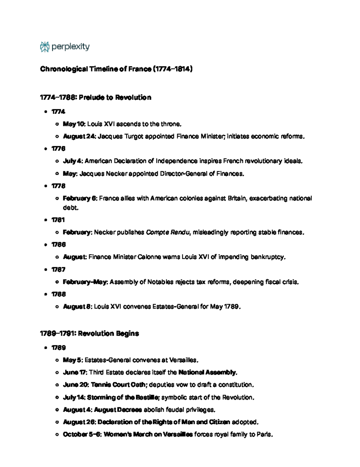 Chronological Timeline of France (HIST 101) 1774–1814: Prelude to ...