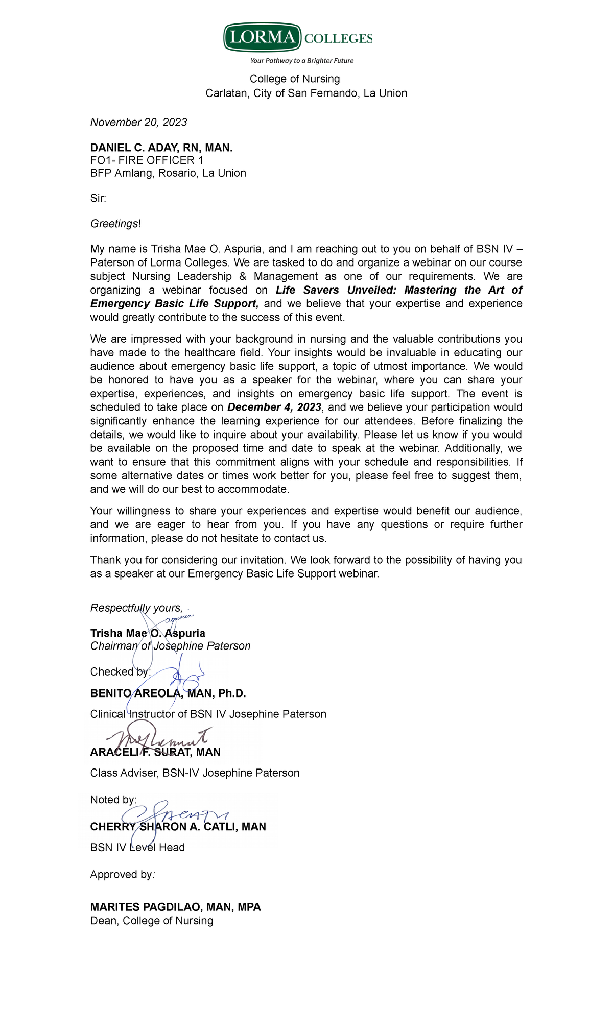 Invitation Letter for Webinar on Emergency BLS - BSN IV Paterson - Studocu