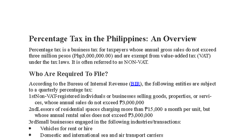 Percentage Tax in the Philippines: A Comprehensive Guide - Studocu