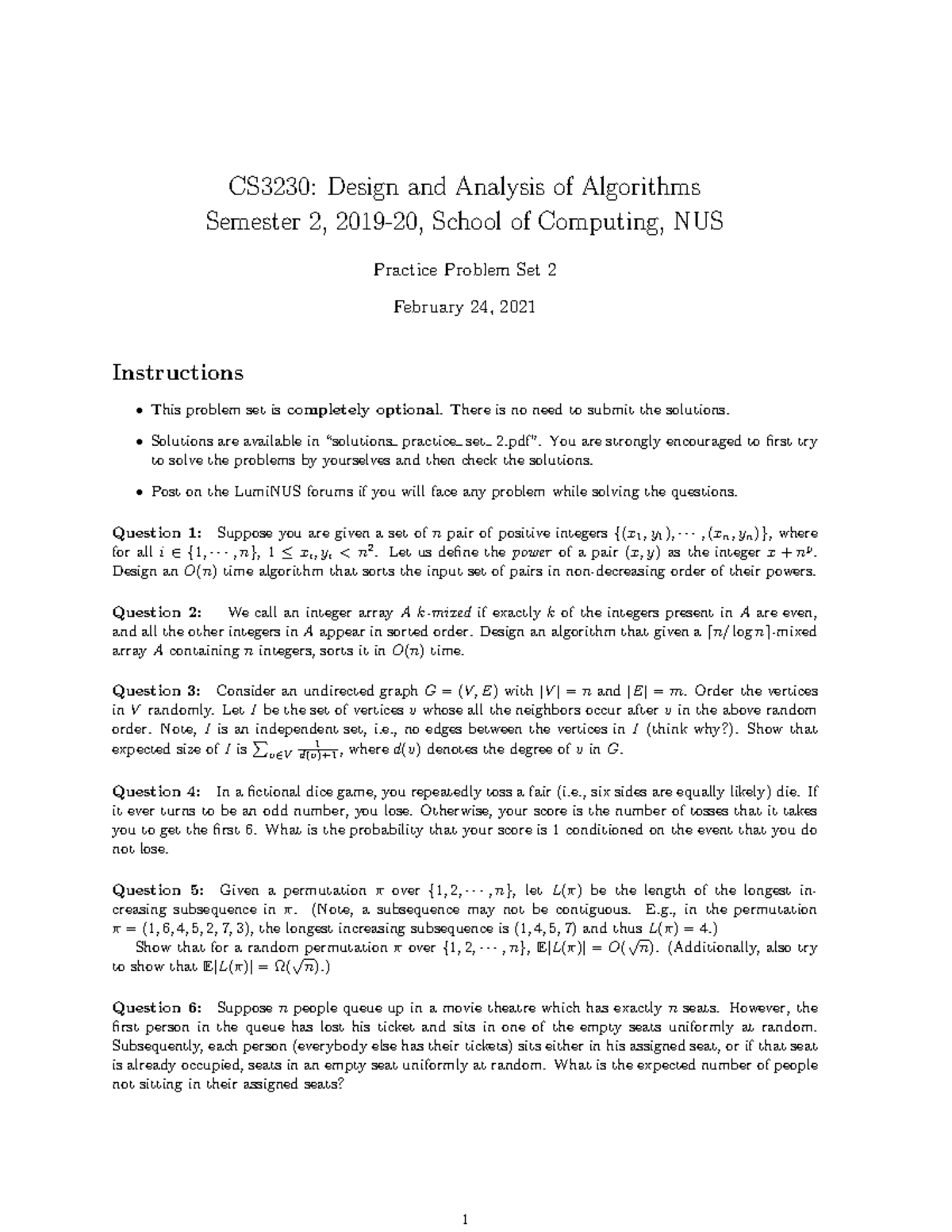 Practice set 2 - CS3230: Design and Analysis of Algorithms Semester 2 ...