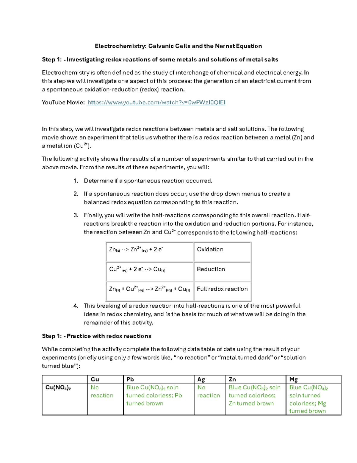 Week 7 Electrochemistry Lab: Investigating Redox Reactions - Studocu