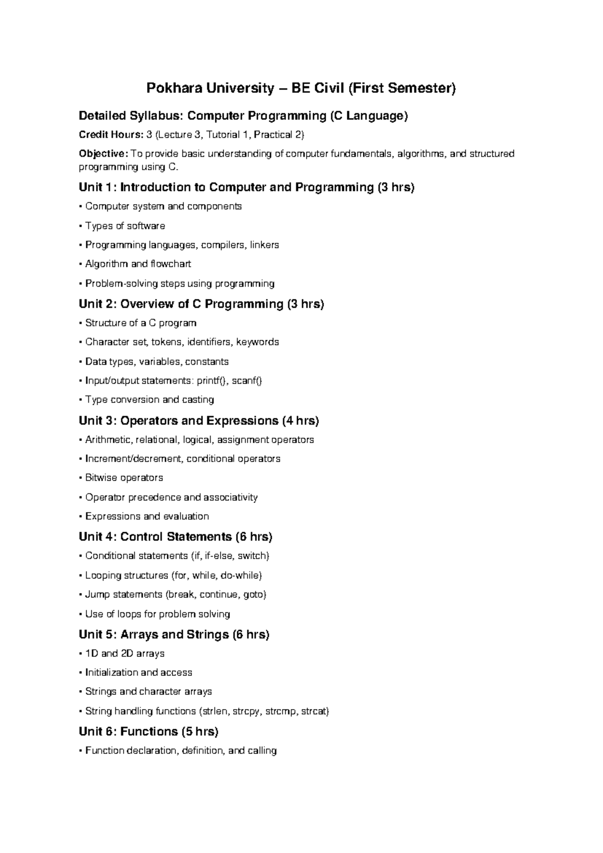 Pokhara University BE Civil 1st Sem C Programming Syllabus - Studocu