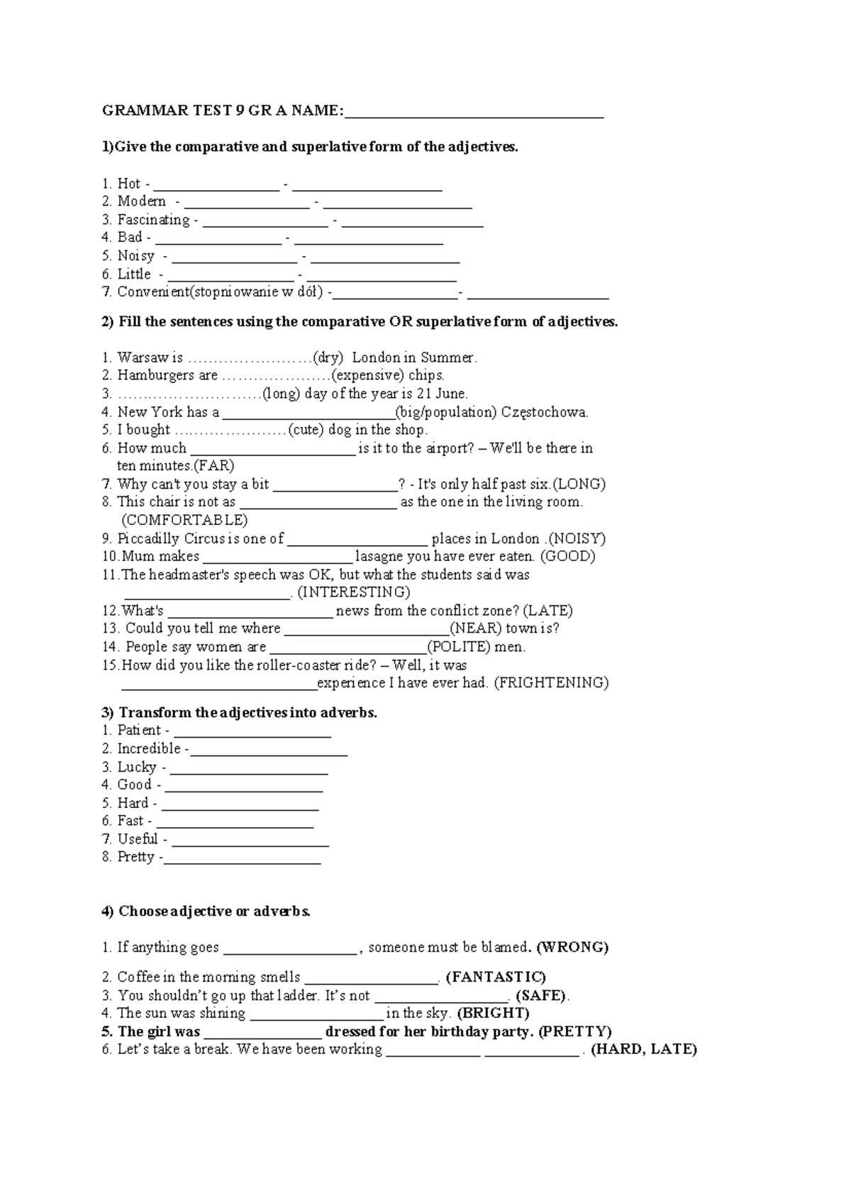 4c Grammar Test 9 GR A: Adjective Forms & Usage - Studocu