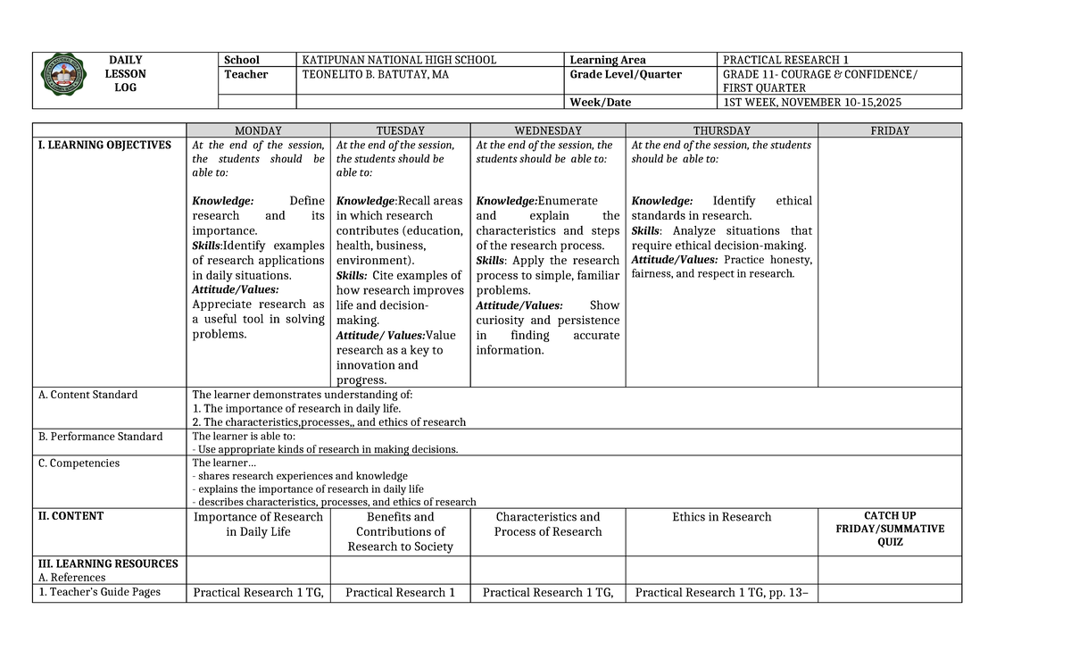 PR1 DAILY LESSON LOG: IMPORTANCE OF RESEARCH - 1ST WEEK NOV - Studocu