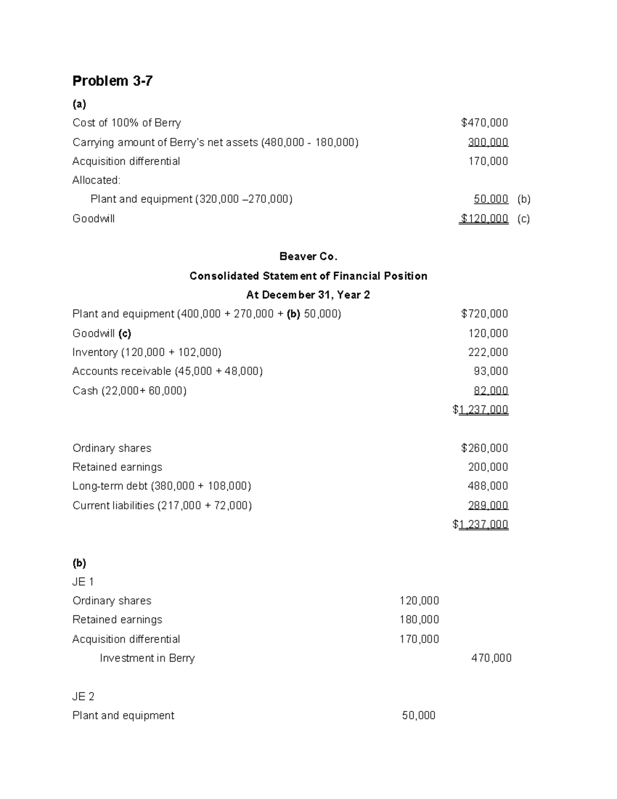 Solutions to Problems 3-7, 3-12, and 3-14: Financial Position Analysis ...