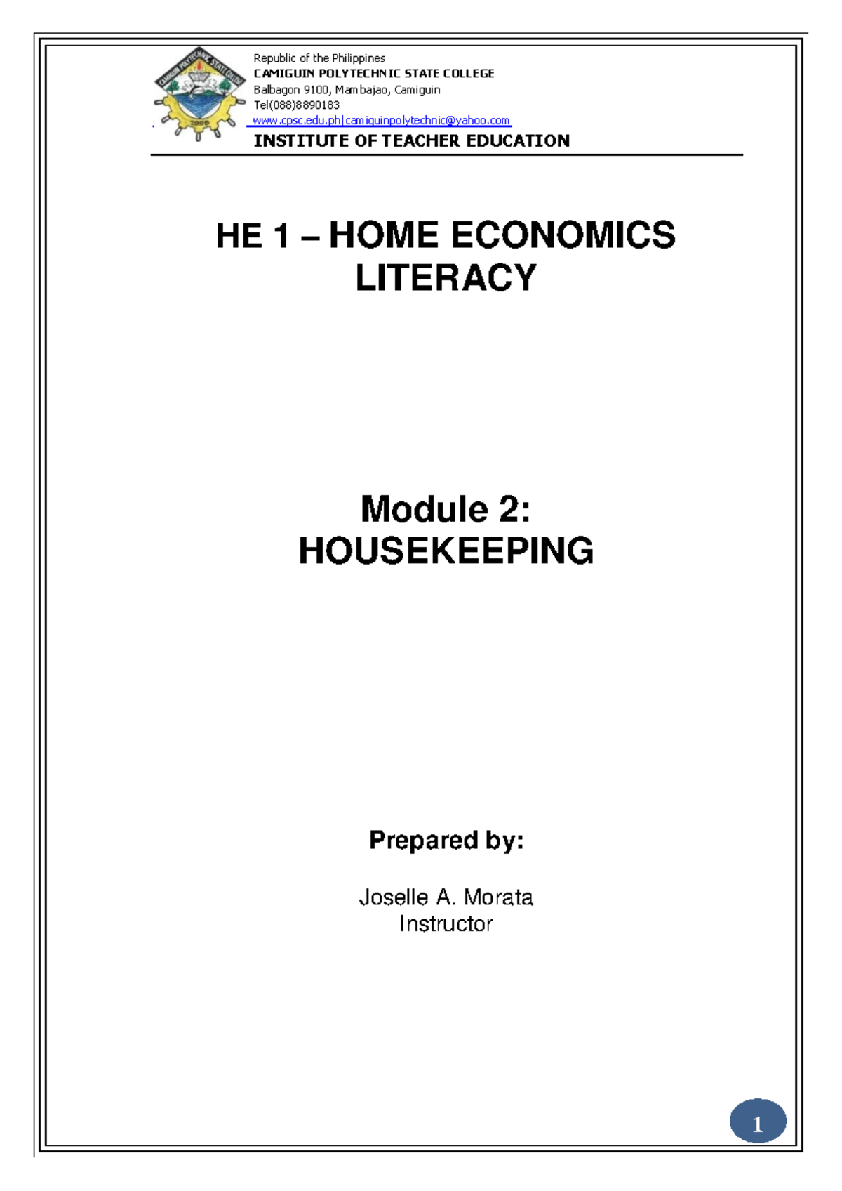HE 1 Module 2: Housekeeping in Home Economics - Studocu