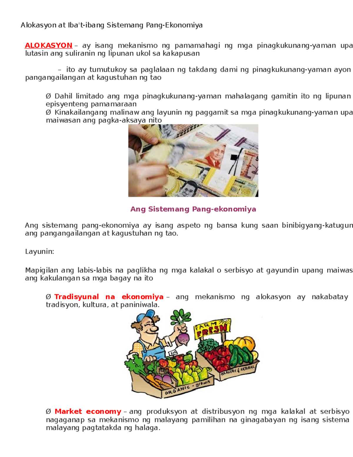 Alokasyon at Iba't Ibang Sistemang Pang-Ekonomiya - Araling Panlipunan 9 - Studocu