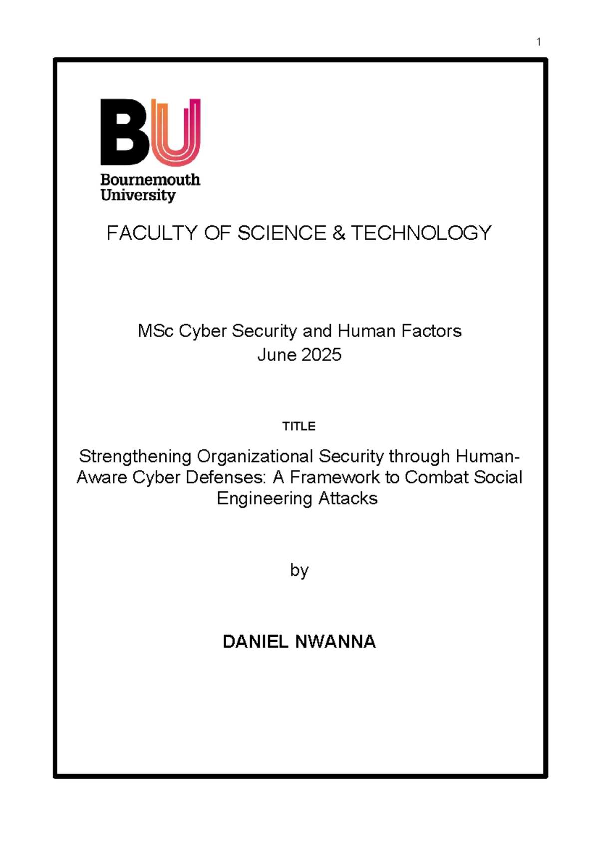 MSc Cyber Security & Human Factors: Framework for Human-Aware Cyber Defenses - Studocu