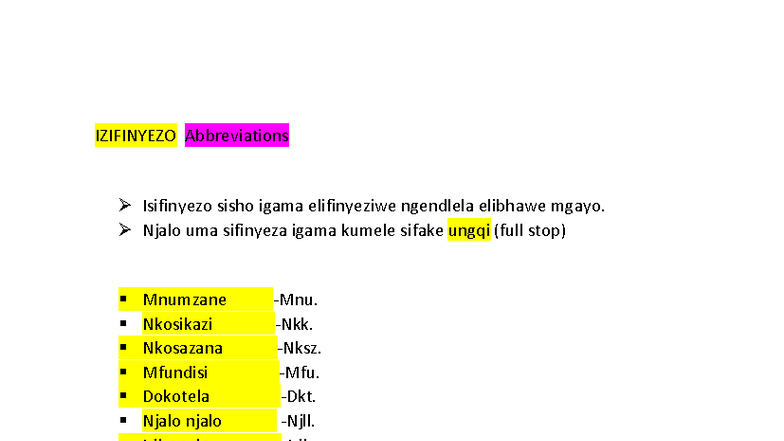 Izifinyezo Abbreviations - IZIFINYEZO Abbreviations Isifinyezo sisho ...
