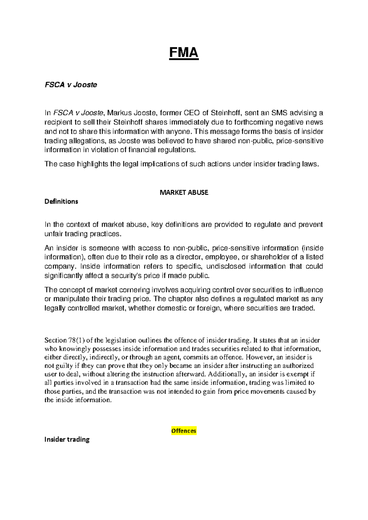FMA: Insider Trading and Market Abuse Regulations Overview - Studocu
