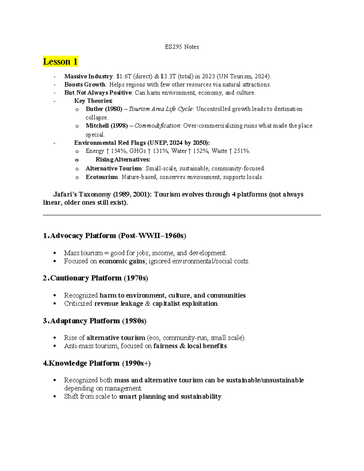 ES295 Final Exam Notes: Understanding Ecotourism and Its Impacts - Studocu