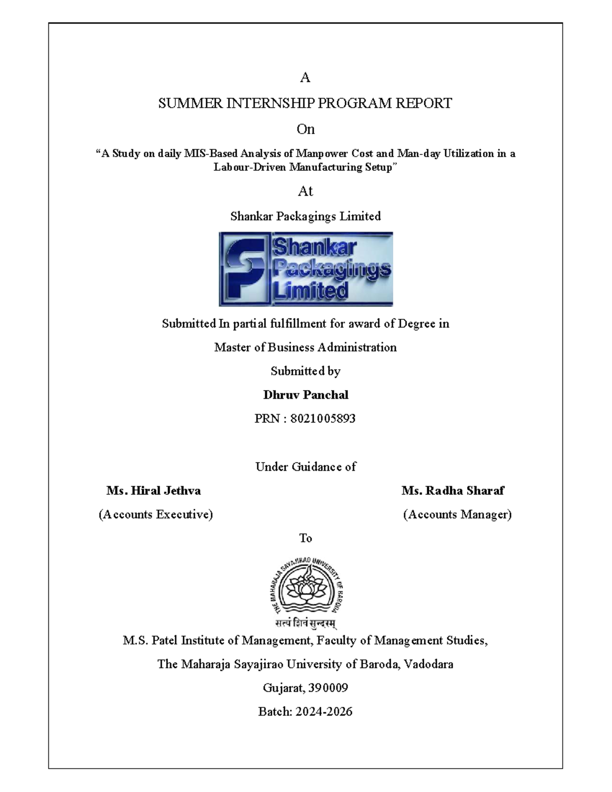 MBA Internship Report: Manpower Cost Analysis at Shankar Packagings ...