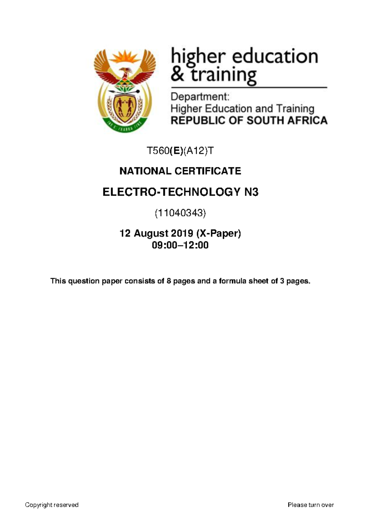 Electrotechnology N3 August 2019 Question Paper (X-Paper) - Studocu