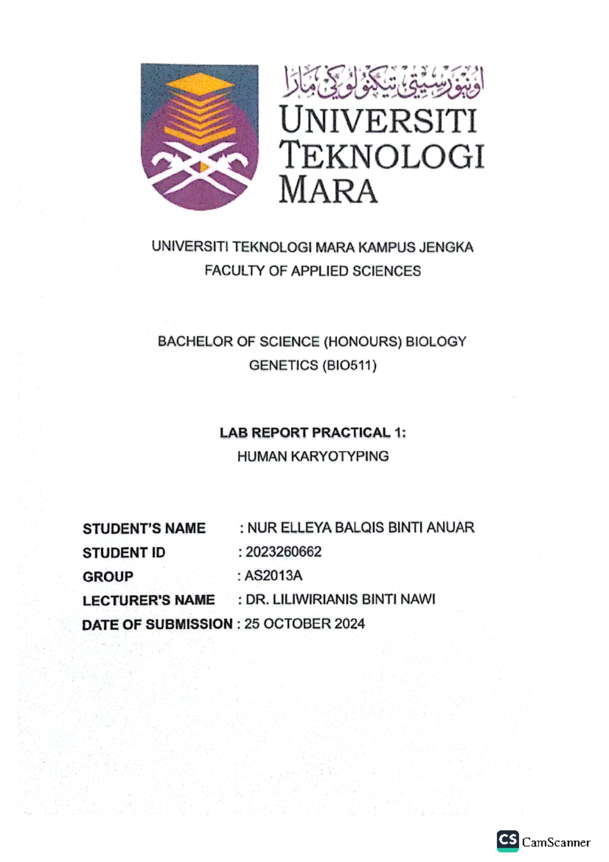 Lab Report 1 - Human Karyotype Analysis for BIO511 Genetics - Studocu