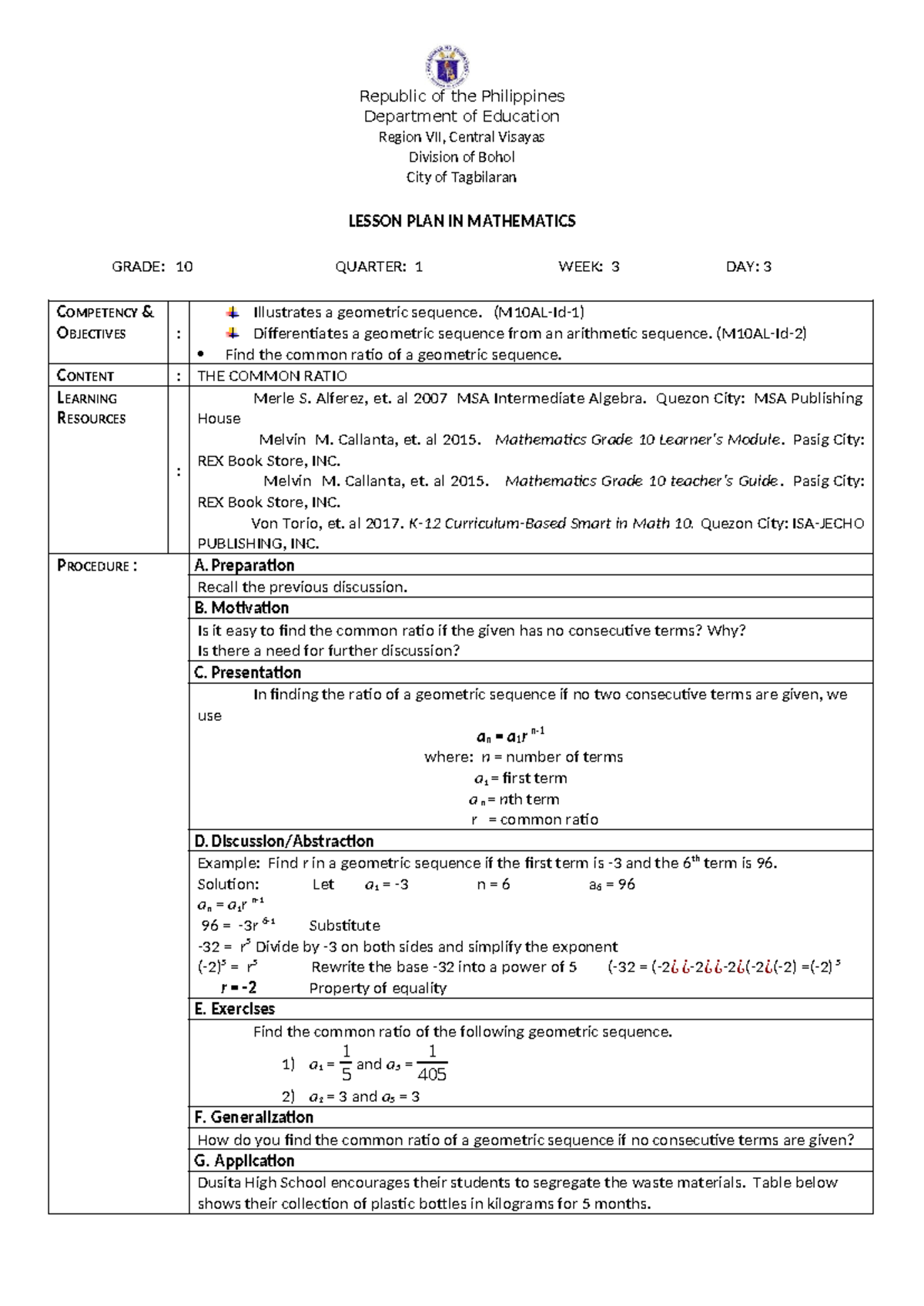 Mathematics Grade 10 Lesson Plan: Geometric Sequences (Quarter 1, Week 3) - Studocu