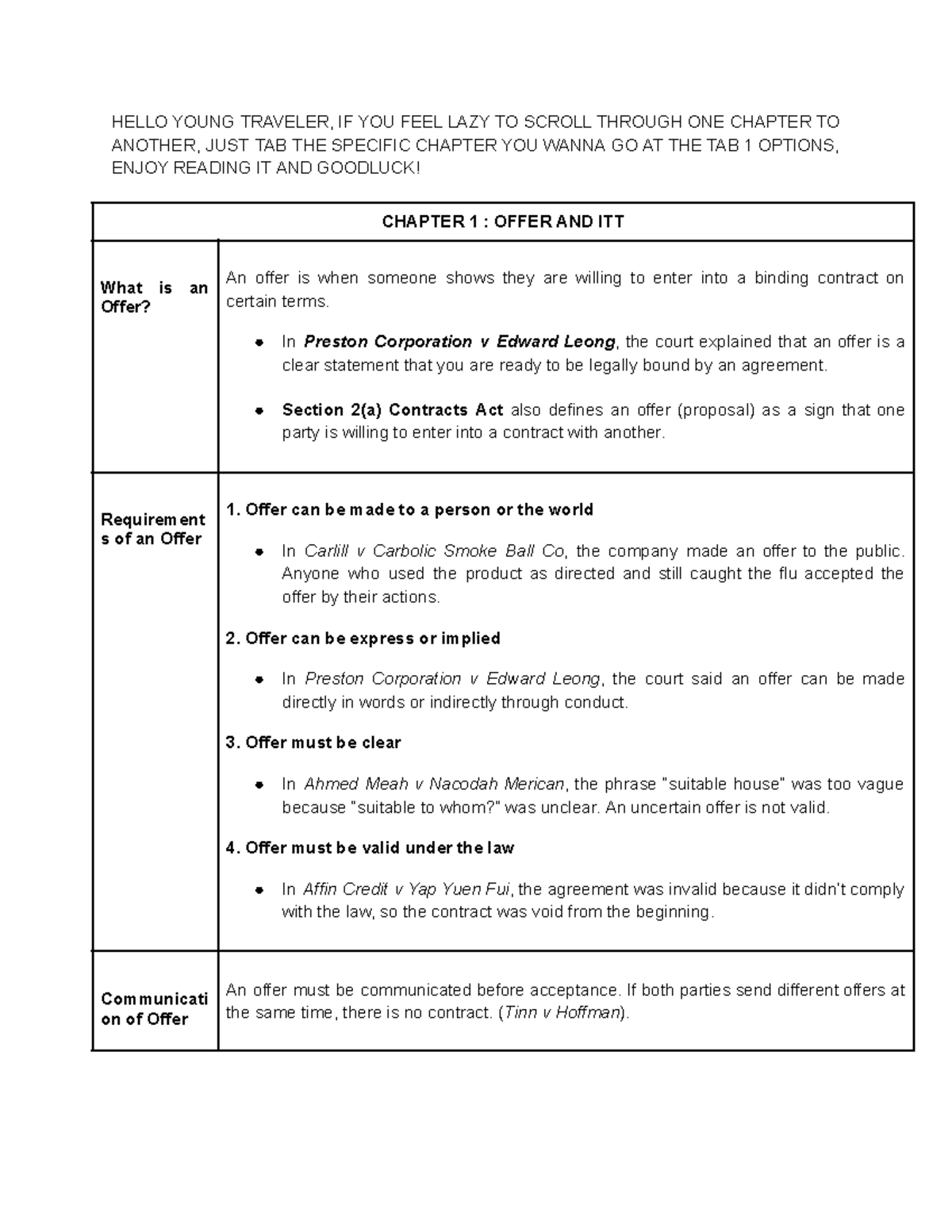 Contract 1 Notes: Understanding Offers, Acceptance, and Consideration ...